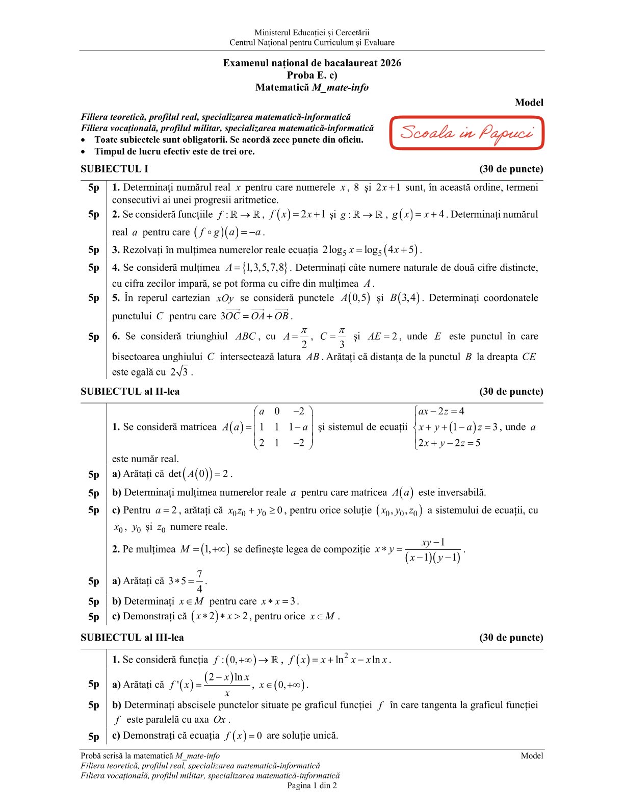 Modele de subiecte pentru Bacalaureat 2026 - Matematica - Scoala in Papuci
