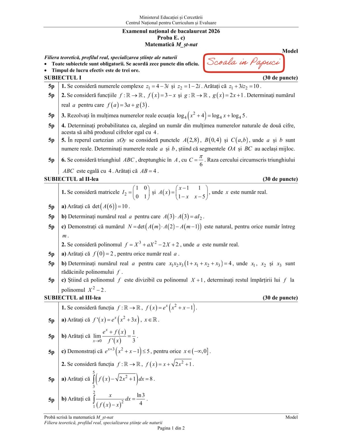 Modele de subiecte pentru Bacalaureat 2026 - Matematica - Scoala in Papuci
