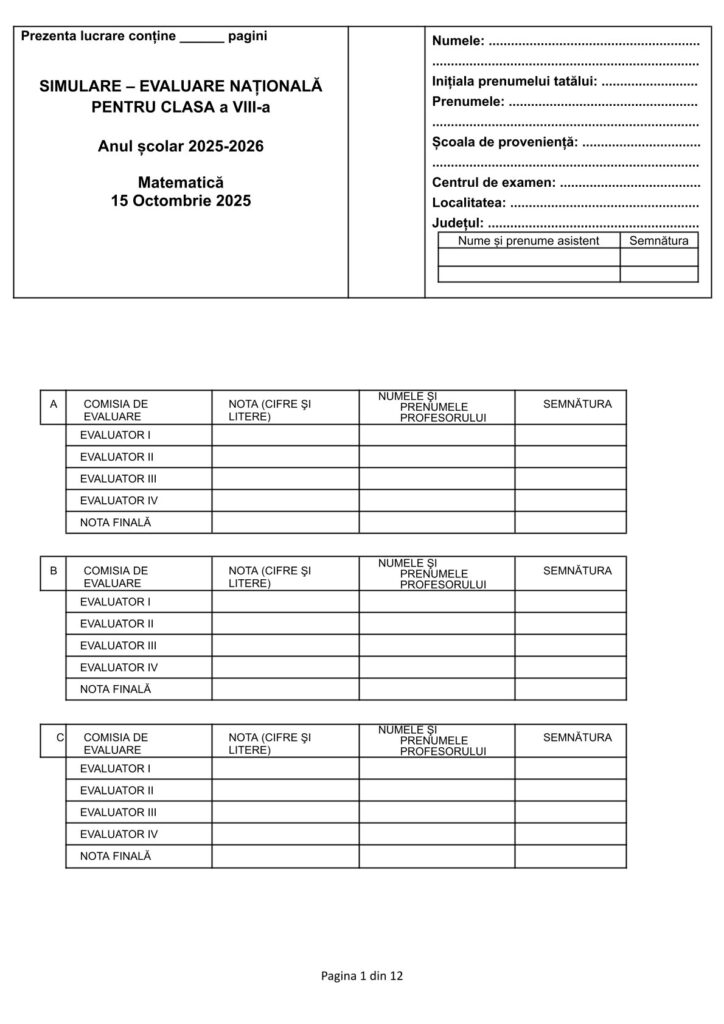 Simulare Evaluarea Națională 2026 (15 Octombrie 2025)- ICHB - Scoala in ...