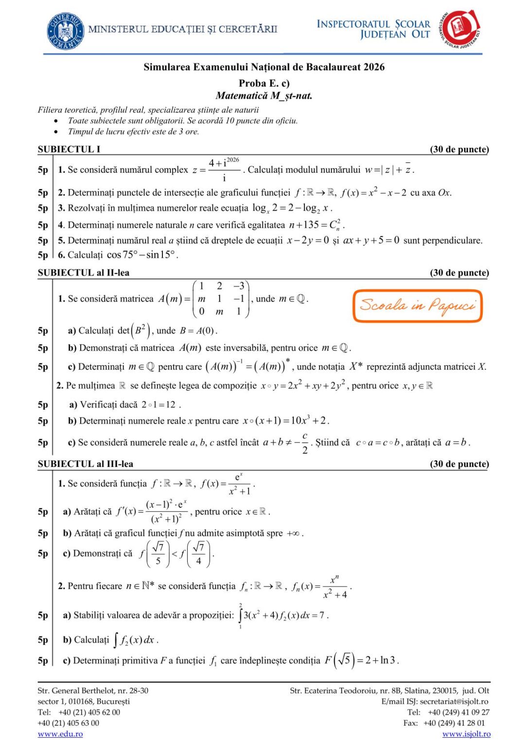 Subiectele și baremele de corectare la Matematică – simularea pentru ...