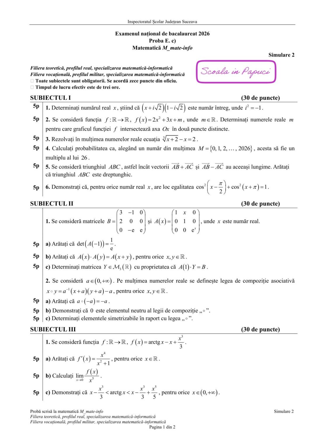 Subiectele și baremele de corectare la Matematică – Simularea pentru ...