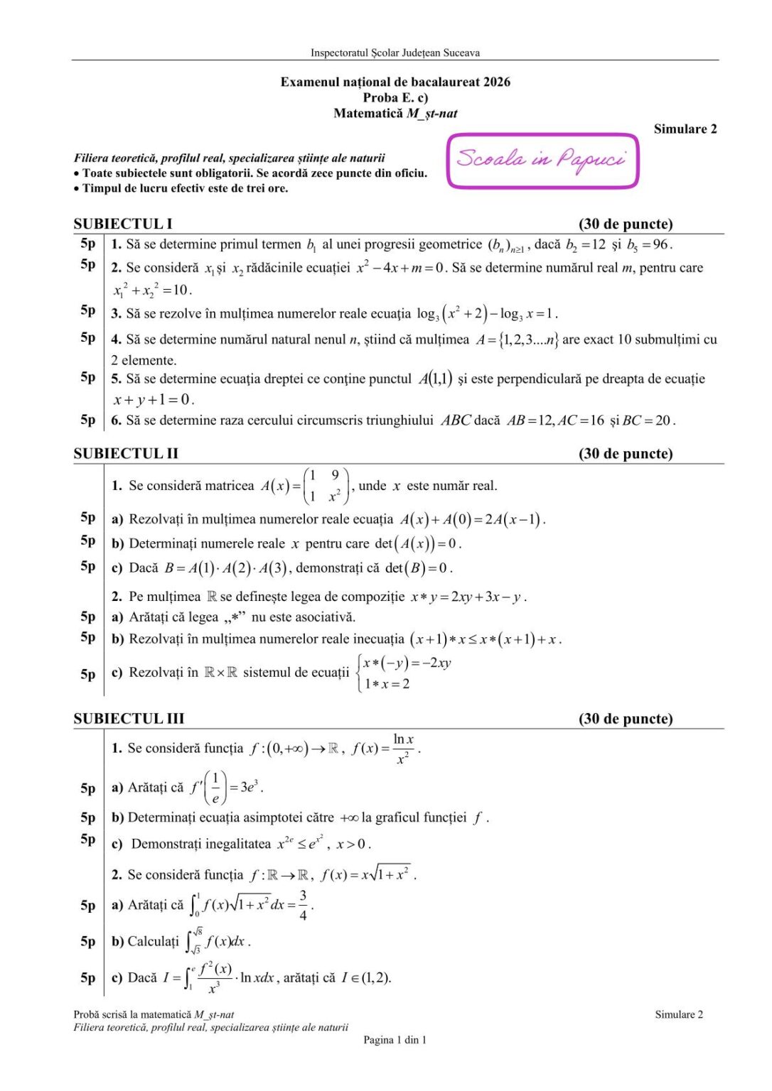 Subiectele și baremele de corectare la Matematică – Simularea pentru ...