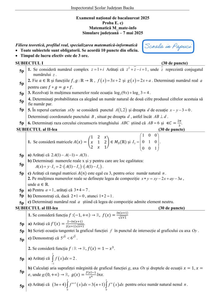 Subiectele și baremele de corectare la Matematică – simularea pentru ...